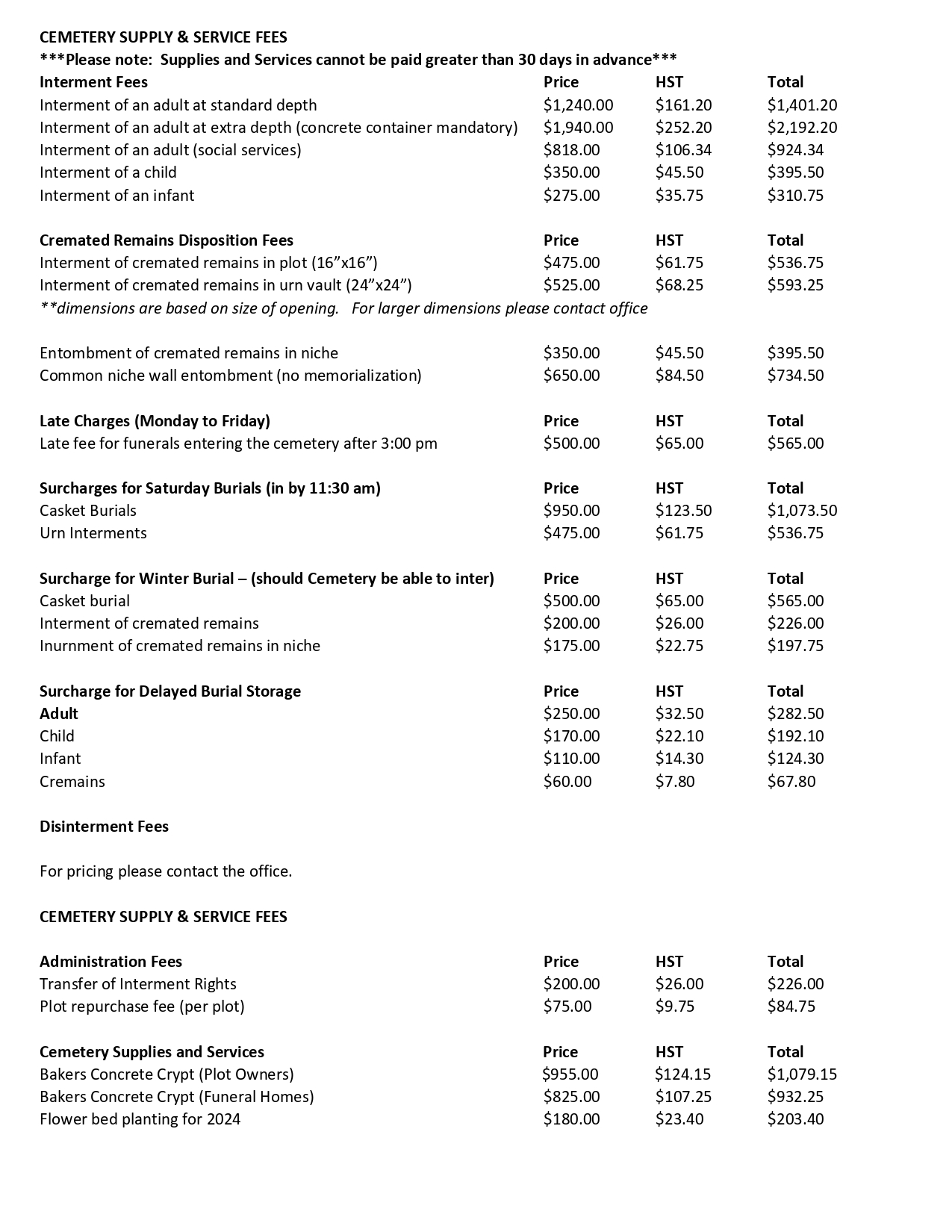 Barrie Union Cemetery - Price List