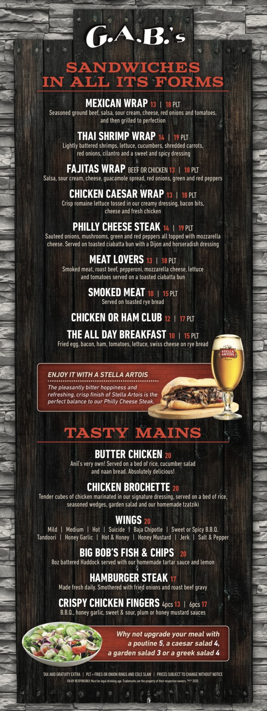 G.A.B.'s Restaurant & Bar - Menu